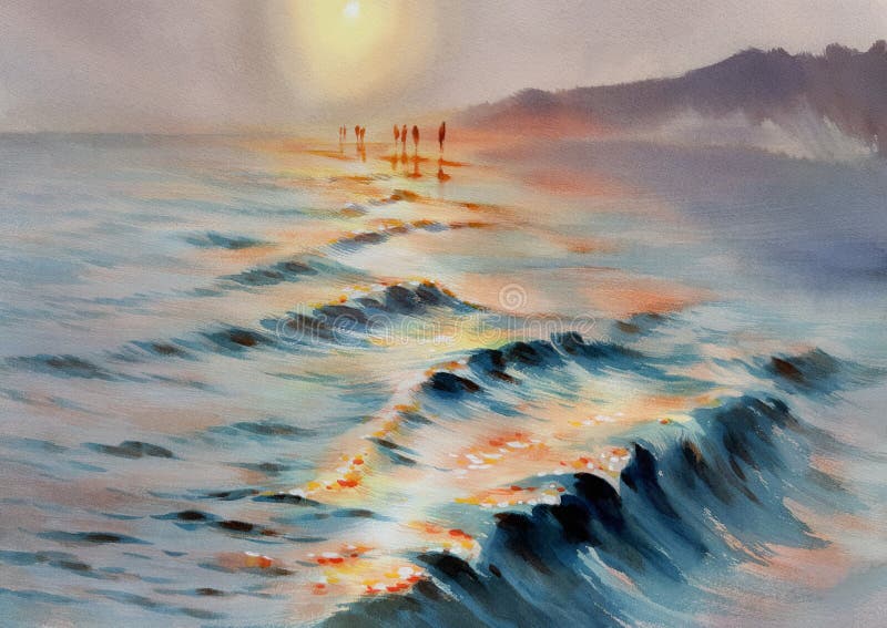 Sunset by the Sea in the Mist Watercolor Background Stock Image - Image ...