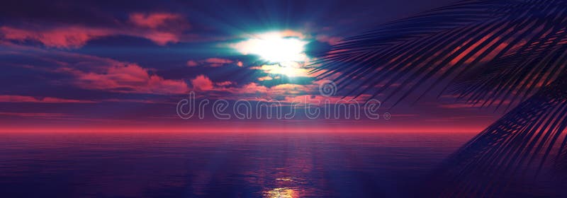 Sunset Sea Palm Landscape Illustration Stock Illustration ...