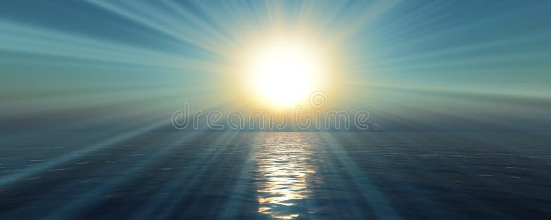 Sunset Sea Sun Ray Clear Sky. 3d Rendering Stock Illustration ...