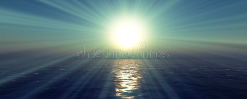 Sunset Sea Sun Ray Clear Sky. 3d Rendering Stock Photo - Image of ...