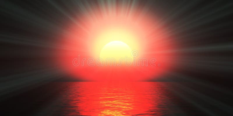 Sunset Sea Sun Ray Clear Sky. 3d Rendering Stock Illustration ...