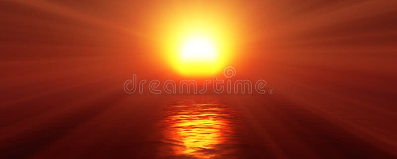 Sunset Sea Sun Ray Clear Sky. 3d Rendering Stock Illustration ...