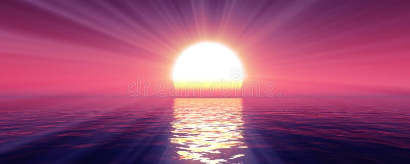 Sunset Sea Sun Ray Clear Sky. 3d Rendering Stock Illustration ...