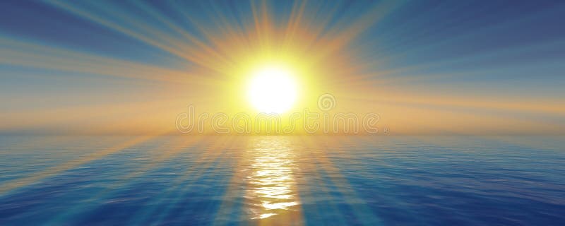 Sunset Sea Sun Ray Clear Sky. 3d Rendering Stock Illustration ...