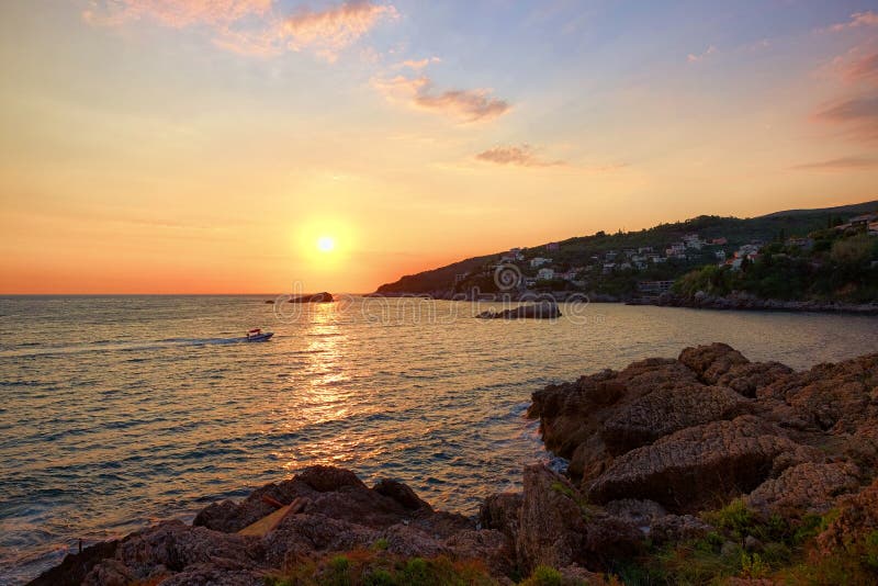 Sunset on the Sea of Ulcinj, Montenegro Stock Photo - Image of sunrise ...