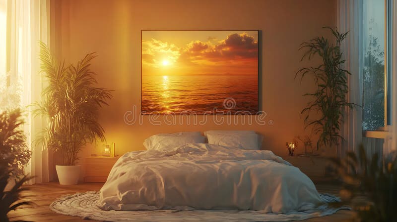 Sunset Sea View Bedroom Interior Design 3D Illustration Stock ...