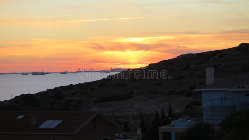 Sunset sea view in Cyprus stock photo. Image of houses - 106845694
