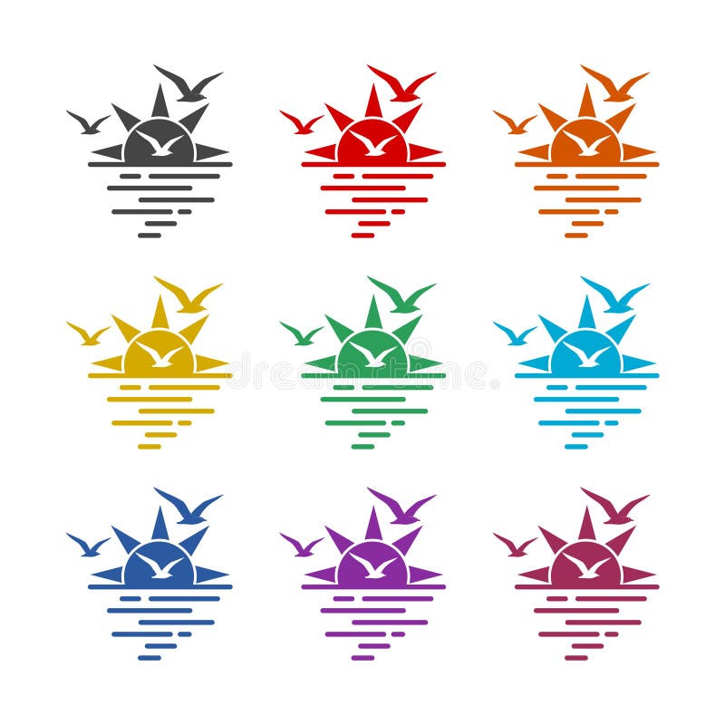 Sunset and Seagulls Icon, Color Set Stock Vector - Illustration of ...