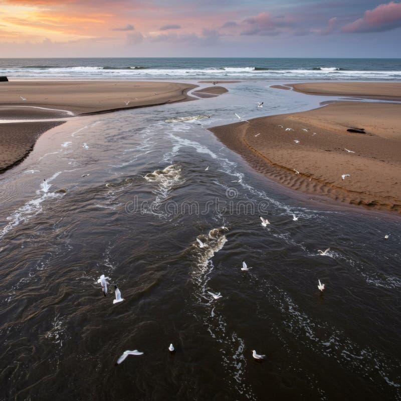 Sunset Seascape with Birds and Stream on Sandy Beach Stock Illustration ...