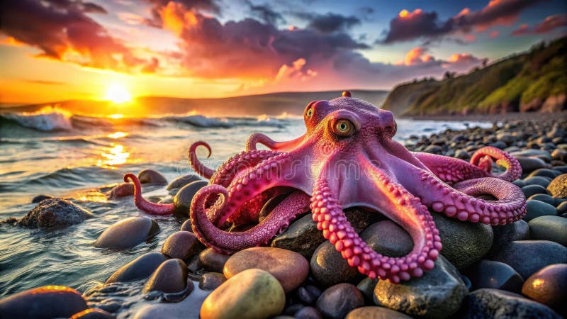 Sunset Seascape with a Pink Octopus Resting on Smooth Rocks. Generative ...