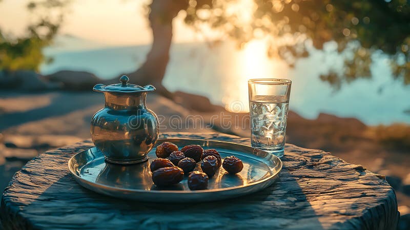 Sunset Seaside Scene with Dates, Water, and Pitcher Stock Image - Image ...
