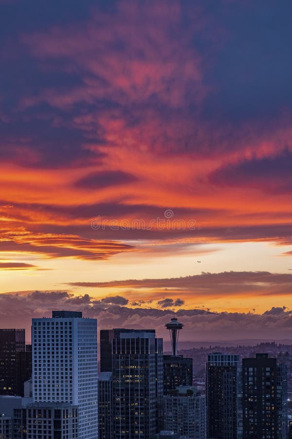 Sunset in Seattle stock photo. Image of aerial, apartment - 144326054