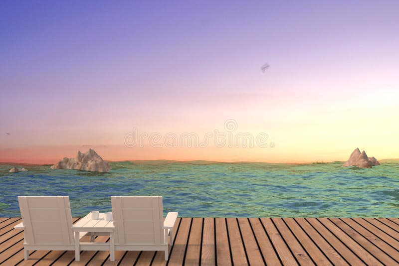 Sunset Seaview with Couple Beach Lounge in 3D Rendering Stock ...
