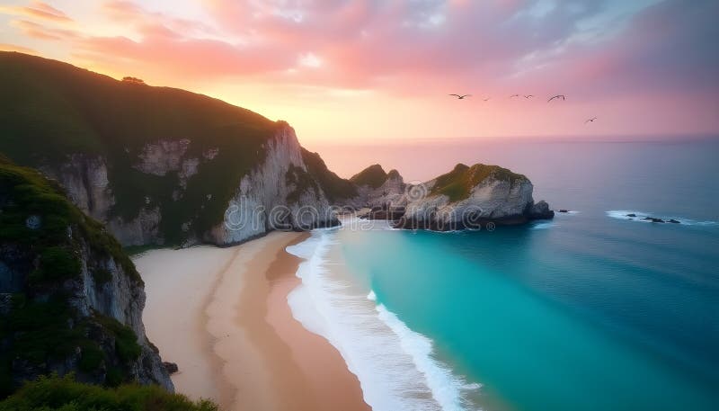 Sunset at Secluded Beach with Majestic Cliffs Stock Illustration ...