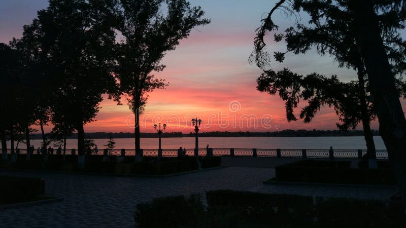 Sunset at See, Waterfront, River, Sunlight, Clouds, Red Stock Photo ...