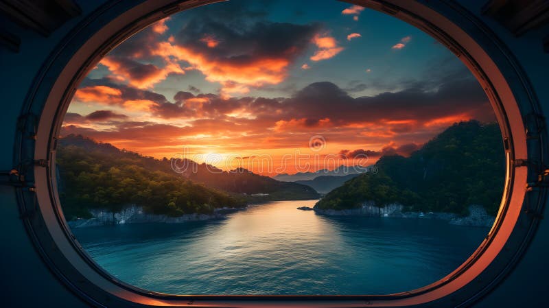 A Sunset Seen through a Porthole Window of a Ship.Window View from Ship ...