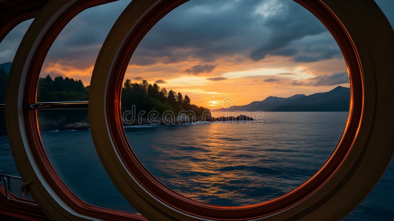 A Sunset Seen through a Round Window on a Boat.Window View from Ship ...