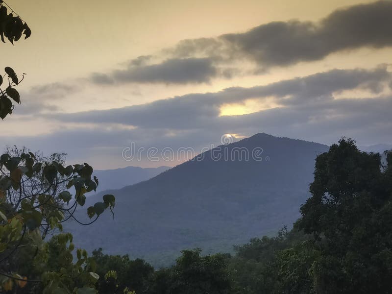 Sunset Seen from Viewpoint with Cloudy Sunset Sky, Distant Mountains in ...