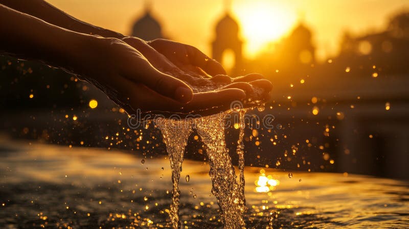 Sunset Serenity: Hands in Flowing Water Amidst Golden Light Stock ...
