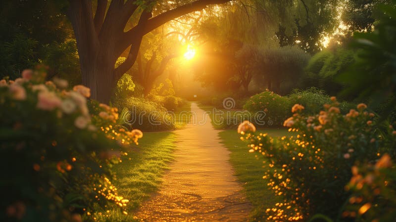 Sunset Serenity on a Lush Garden Path. Stock Photo - Image of lush ...