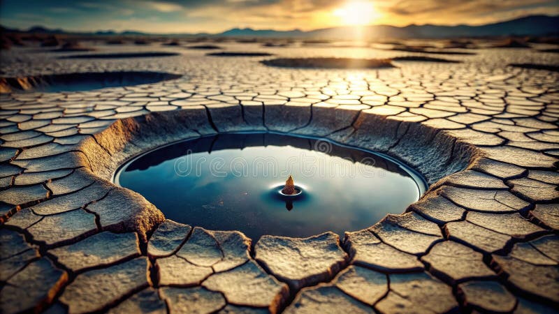 Sunset Serenity a Single Drop of Water in a Sun-drenched, Cracked Earth ...