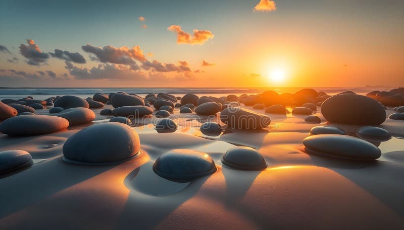 Sunset Serenity: Smooth Stones on a Beach Stock Illustration ...