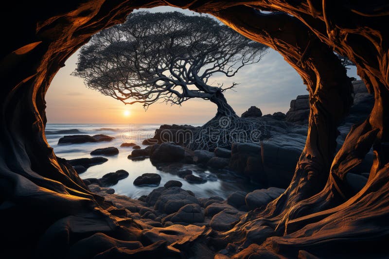 Sunset Serenity through Twisted Tree Frame Stock Illustration ...