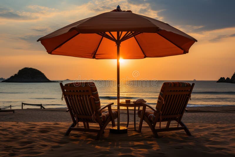 Sunset Setting with Aligned Lounge Chairs and Umbrellas, Summer ...