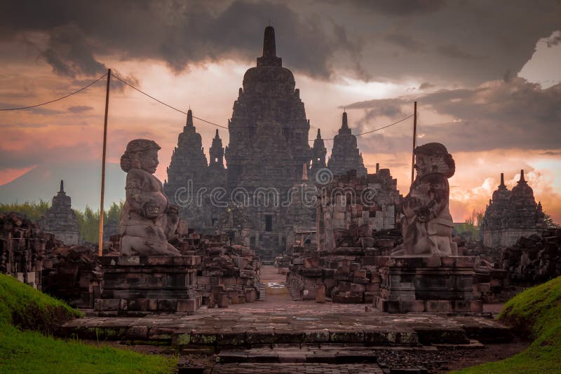 Sunset at Sewu Temple, with Mount Merapi in the Background, Indonesia ...