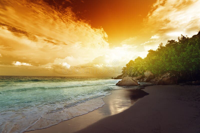 Sunset on Seychelles beach stock photo. Image of horizon - 38401636