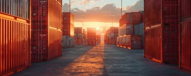 Sunset between Shipping Containers in an Industrial Port Stock Image ...