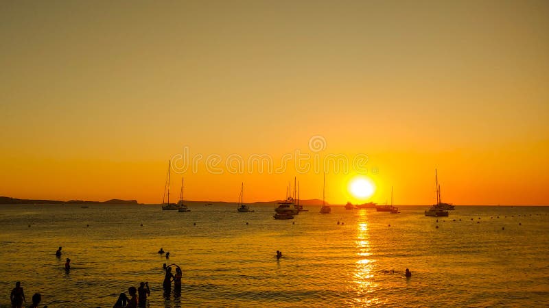 Sunset with Ships on Ibiza Shore Stock Photo - Image of golden, spain ...