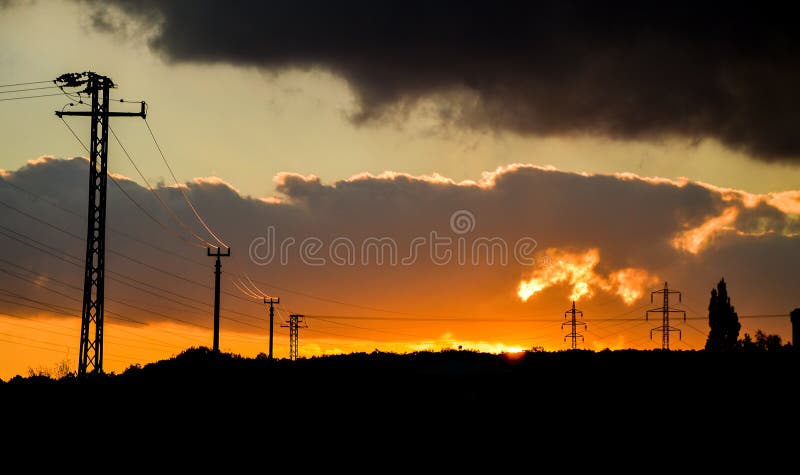 Sunset in the power line stock image. Image of megawatt - 103993951
