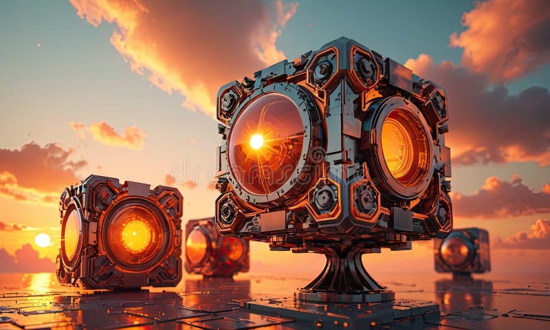 A Sunset is Shown with a Group of Cubes in the Foreground, with One of ...