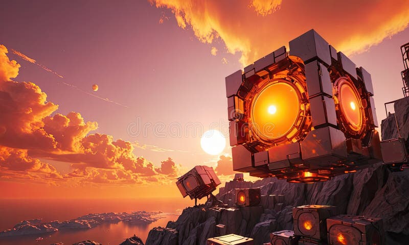 A Sunset is Shown with a Large Cube in the Foreground and a Smaller One ...