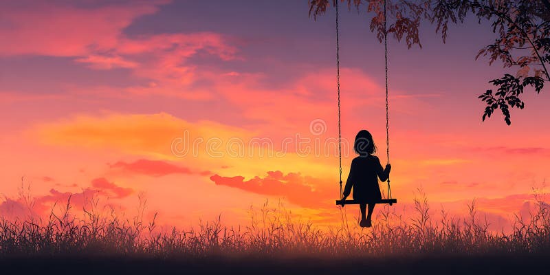Sunset Silhouette Child on Swing Peaceful Landscape Stock Illustration ...