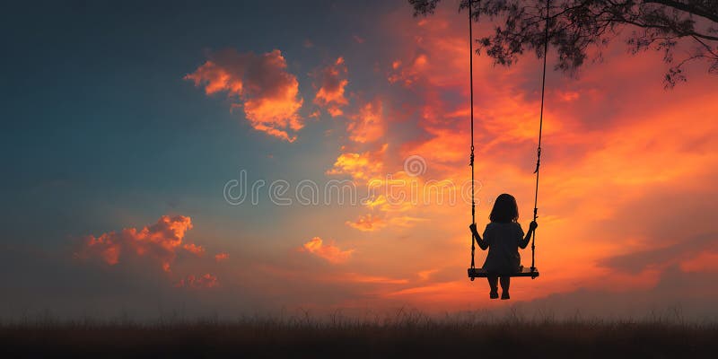 Sunset Silhouette Child on Swing Vibrant Sky Stock Illustration - Illustration of composition ...