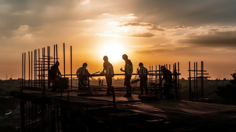 Sunset Silhouette, Construction Team at Work Stock Illustration ...