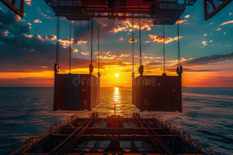 Sunset Silhouette of Containers Being Transferred from Ship To Railway ...
