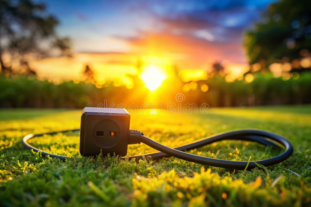 Sunset Silhouette of Electrical Socket Plug and Cable on Lush Green ...