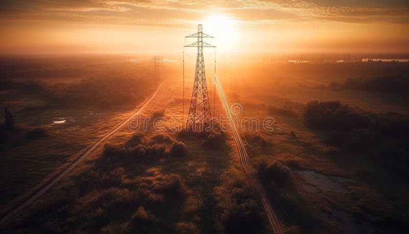 Sunset Silhouette of Electricity Pylon in Nature Tranquil Scene High Up ...