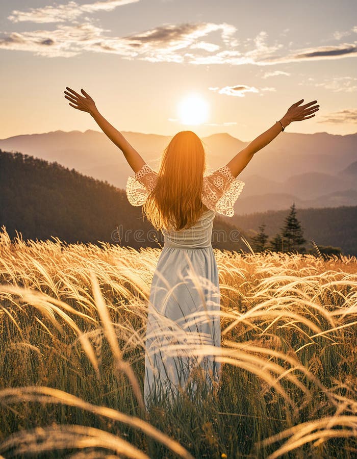 Sunset Silhouette of a Person in a Field with Arms Raised Stock ...