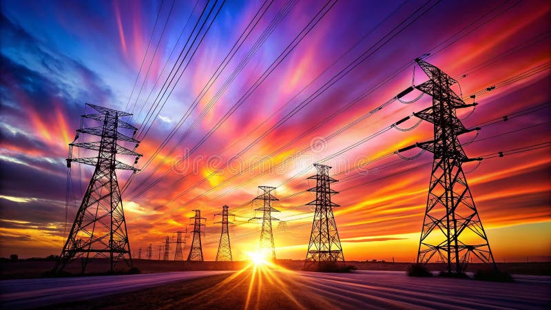 Sunset Silhouette of Powerline Towers with Dynamic Light Trails a ...