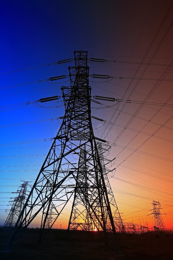 Sunset silhouette of pylon stock image. Image of pylon - 224880337