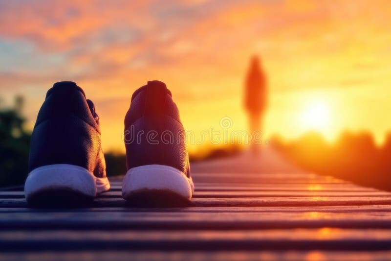 Sunset Silhouette with Shoes on Wooden Pathway Stock Photo - Image of ...