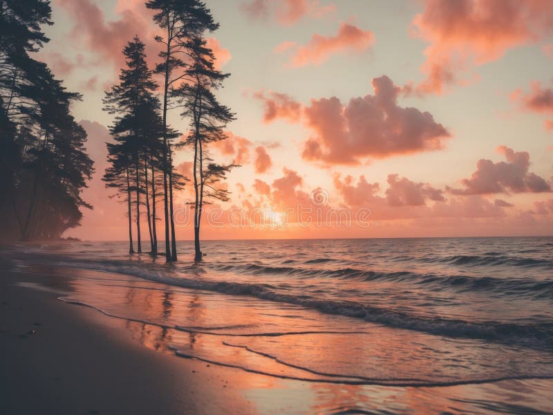 Sunset Silhouette of Tall Trees by the Ocean. Stock Image - Image of ...