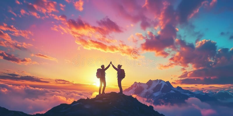 Sunset Silhouette of Two Hikers Celebrating on Mountain Peak with ...