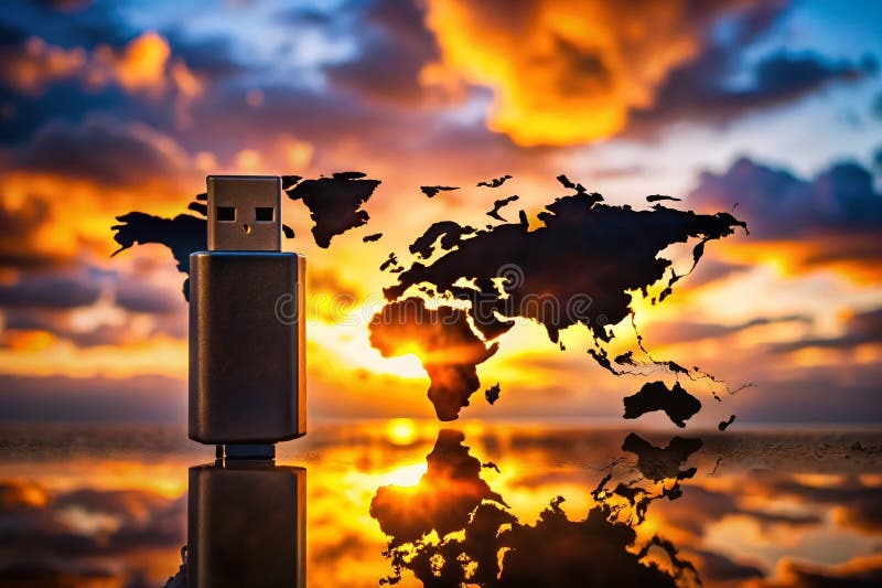 Sunset Silhouette of a World Map and USB Drive Visualizing Global ...