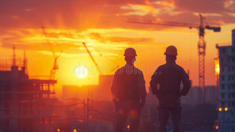 Sunset Silhouettes: Construction Crews Shaping Tomorrow S Skyline Stock ...