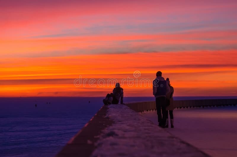 Sunset Silhouettes of People Sky Orange Red Clouds Evening Night Stock ...
